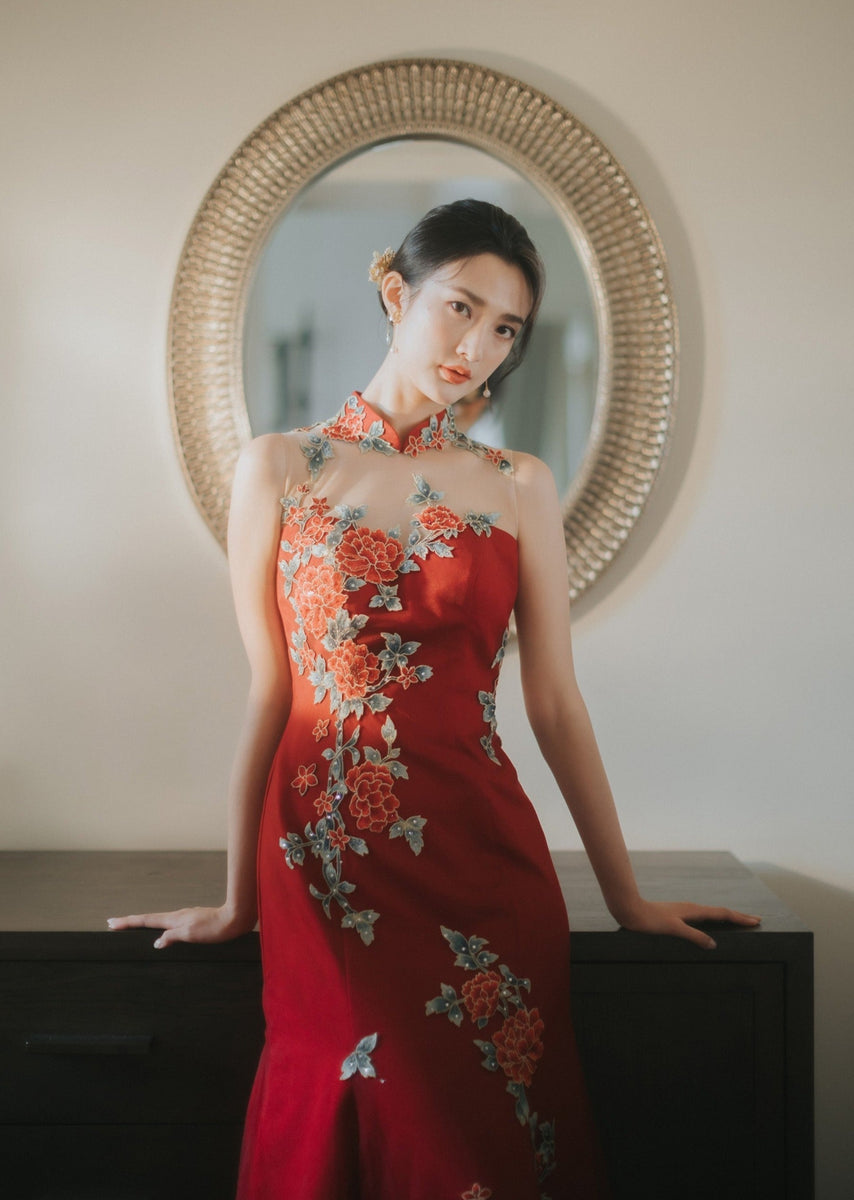 Red Celosia Tulle Mermaid Qipao - RTW – Qipology