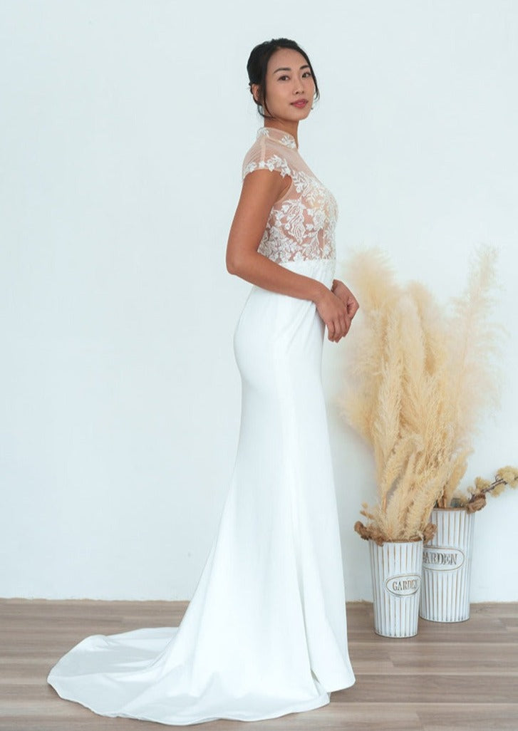 Amaryllis Cap Sleeve Lace Bodice Mermaid Qipao | Wedding Dress| HK Design – Qipology