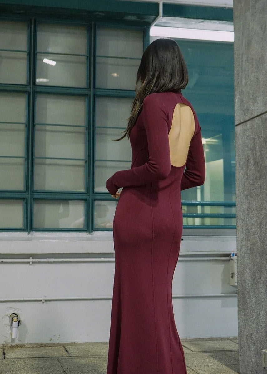 Long Sleeves Open Back Knitted Qipao (Burgundy) – Qipology