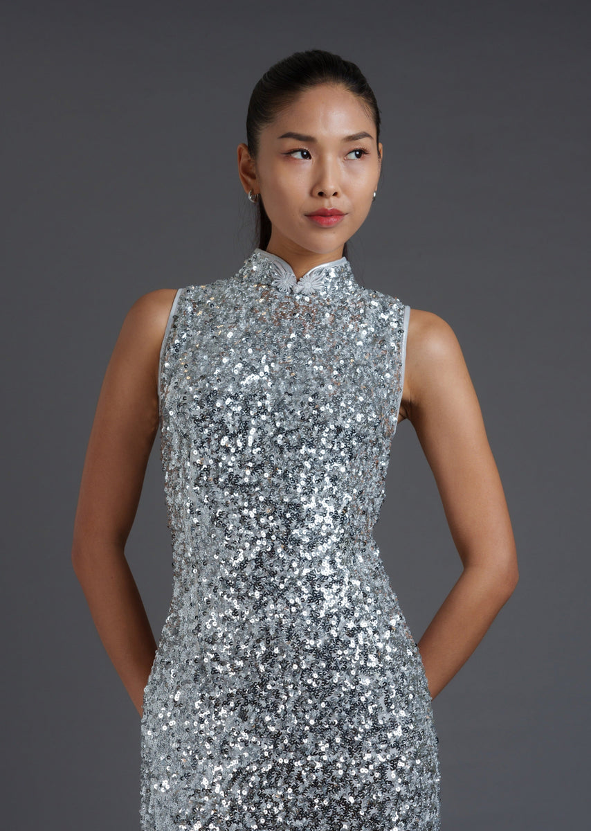 Sleeveless Disco Silver Sequins Qipao | Modern Classic Qipao | Cocktail ...